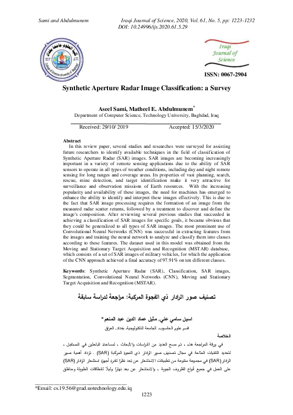 Pdf Synthetic Aperture Radar Image Classification A Survey