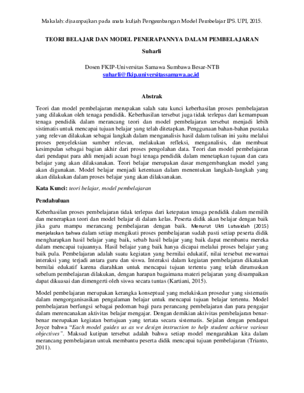 (PDF) TEORI BELAJAR DAN MODEL PENERAPANNYA DALAM PEMBELAJARAN Suharli