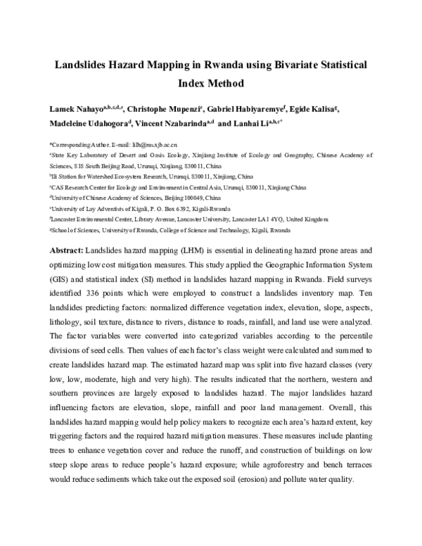 (PDF) Landslides Hazard Mapping in Rwanda Using Bivariate Statistical Index Method