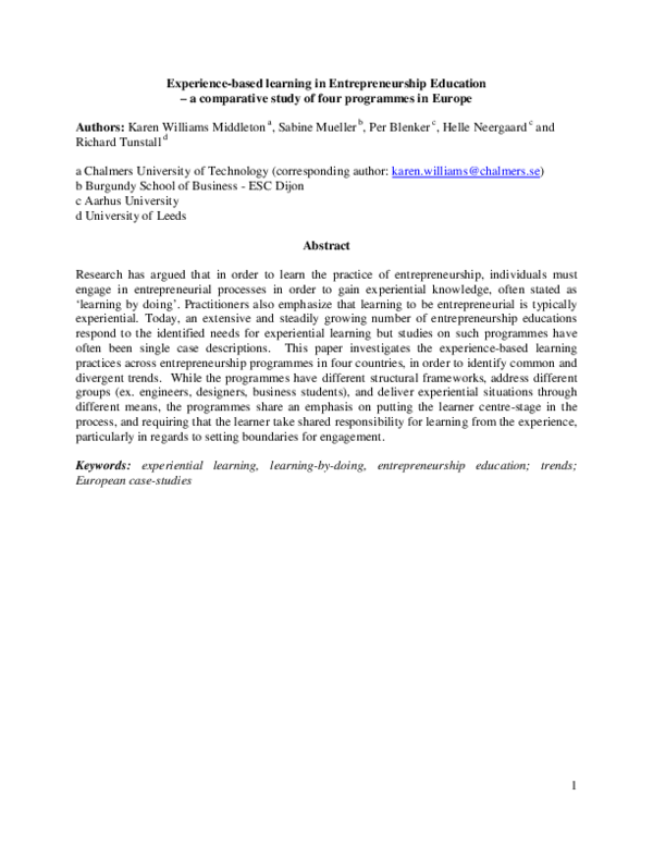 (PDF) Experience-based learning in Entrepreneurship Education–a comparative study of four ...