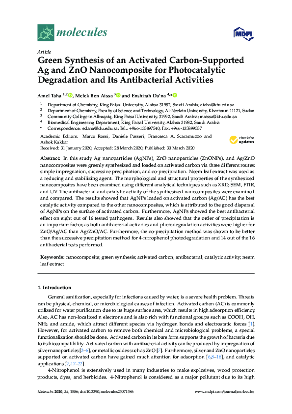 Pdf Green Synthesis Of An Activated Carbon Supported Ag And Zno Nanocomposite For