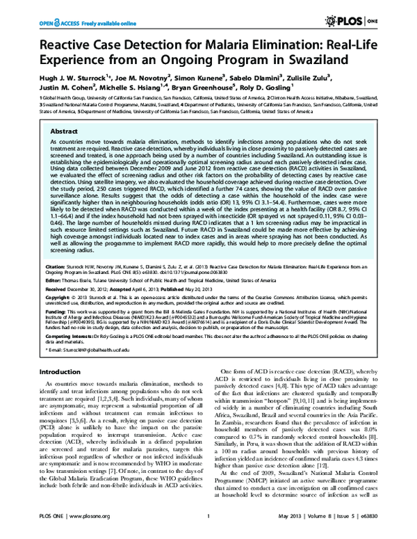 (PDF) Reactive Case Detection for Malaria Elimination: Real-Life ...
