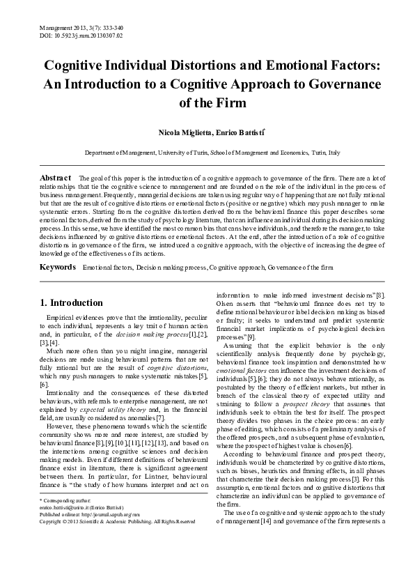 (PDF) Modeling Cognitive Distortions of Behavioural Finance