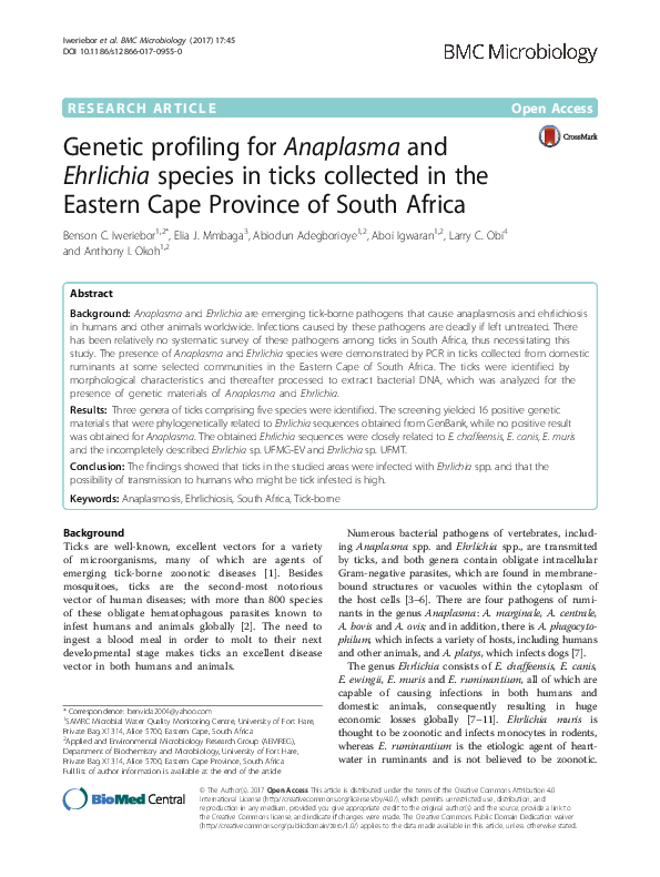 (PDF) Genetic profiling for Anaplasma and Ehrlichia species in ticks ...