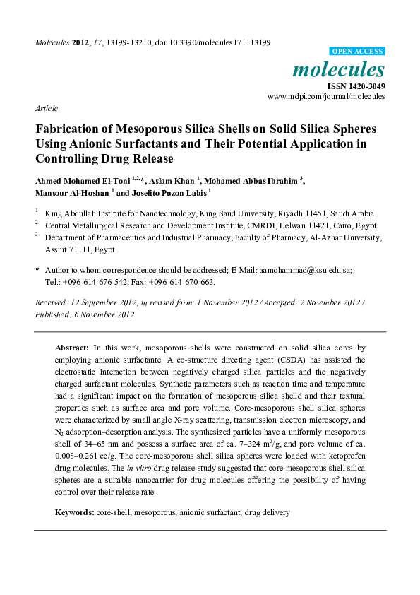 (PDF) Fabrication of Mesoporous Silica Shells on Solid Silica Spheres Using Anionic Surfactants ...