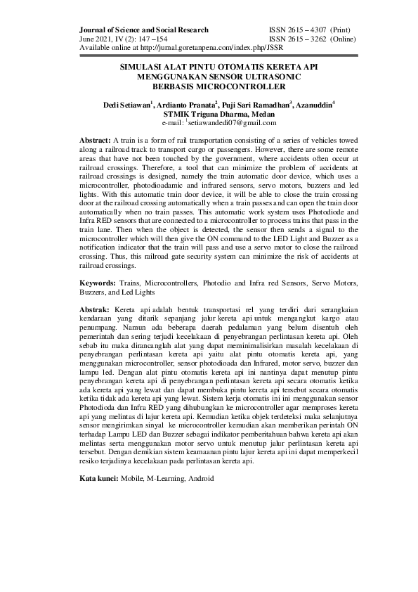 Pdf Simulasi Alat Pintu Otomatis Kereta Api Menggunakan Sensor Ultrasonic Berbasis Microcontroller
