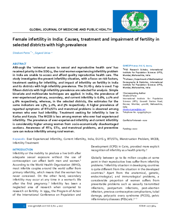 (PDF) Female infertility in India : Causes , treatment and impairment ...