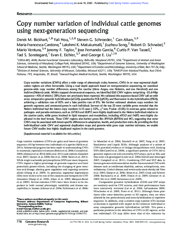 Pdf Copy Number Variation Of Individual Cattle Genomes Using Next