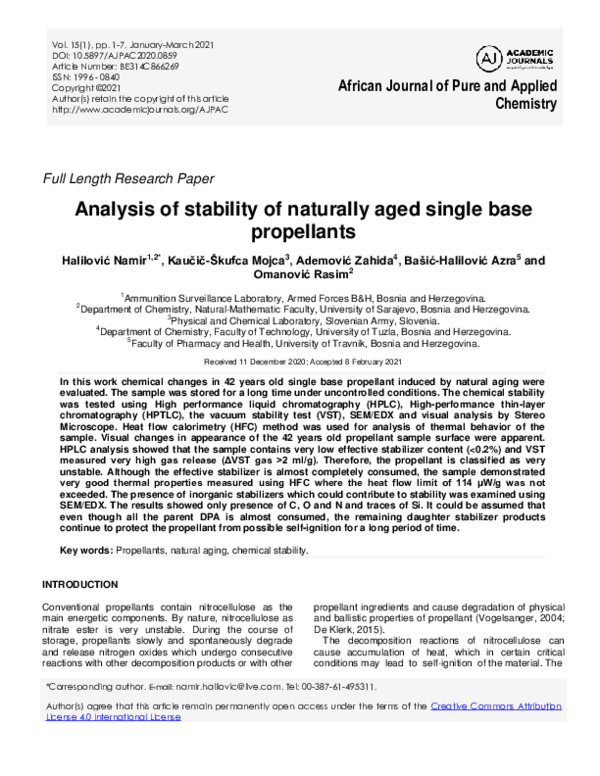 (PDF) Analysis of stability of naturally aged single base propellants