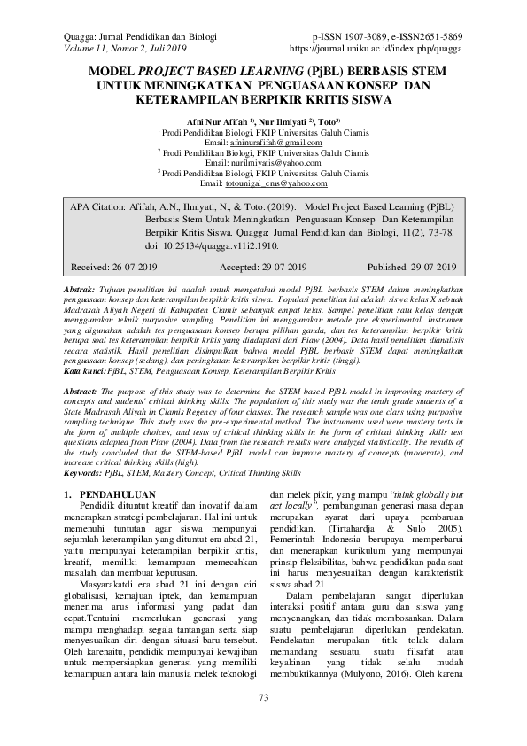 (PDF) MODEL PROJECT BASED LEARNING (PjBL) BERBASIS STEM UNTUK MENINGKATKAN PENGUASAAN KONSEP DAN ...