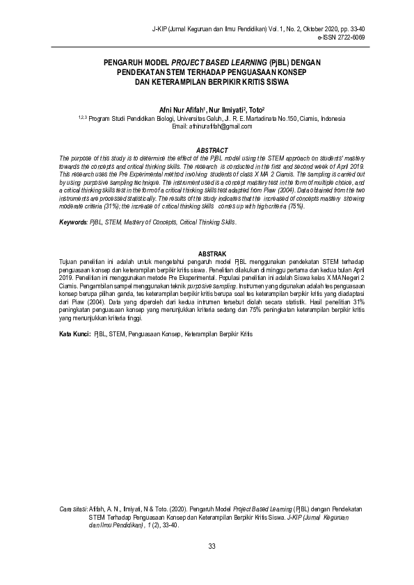 (PDF) PENGARUH MODEL PROJECT BASED LEARNING (PjBL) DENGAN PENDEKATAN STEM TERHADAP PENGUASAAN ...