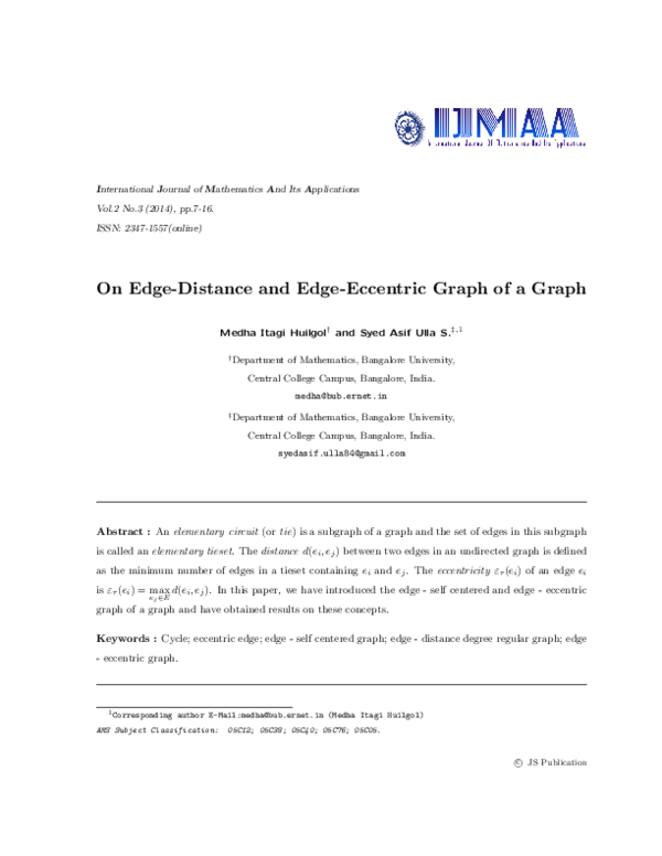 (PDF) On Edge-Distance and Edge-Eccentric graph of a graph