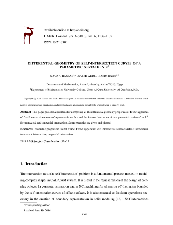 Pdf Differential Geometry Of Self Intersection Curves Of A Parametric Surface In R3 Sayed