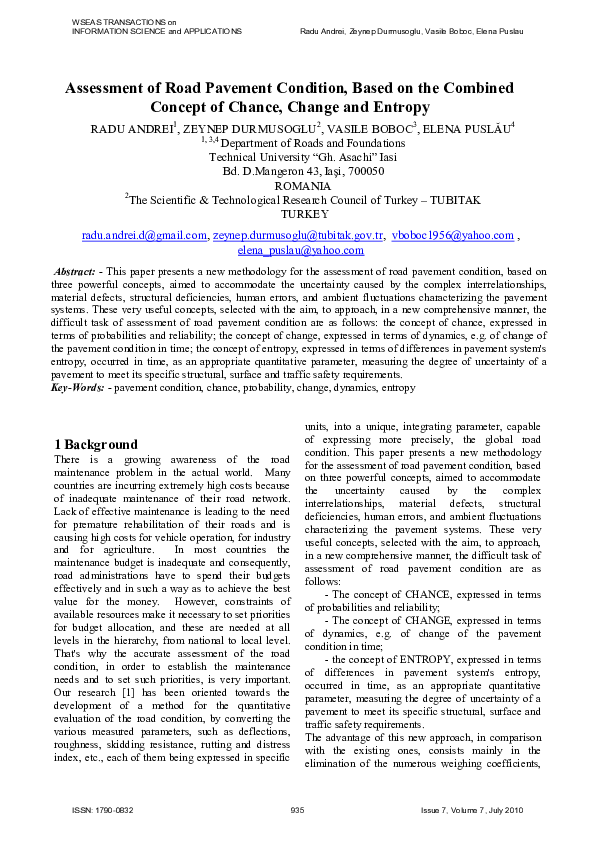 (PDF) Assessment of road pavement condition, based on the combined concept of chance, change and ...