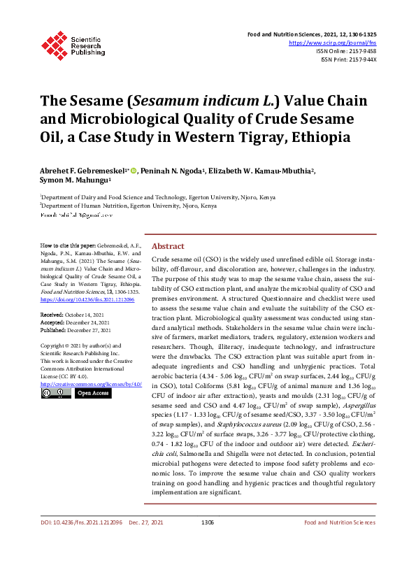 (PDF) The Sesame (Sesamum indicum L.) Value Chain and Microbiological ...
