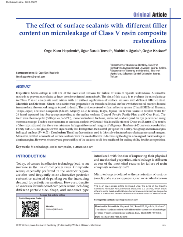 Pdf The Effect Of Surface Sealants With Different Filler Content On Microleakage Of Class V