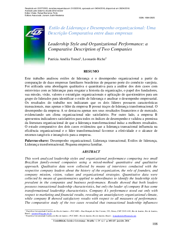(PDF) Leadership Style and Organizational Performance: a Comparative Description of Two Companies