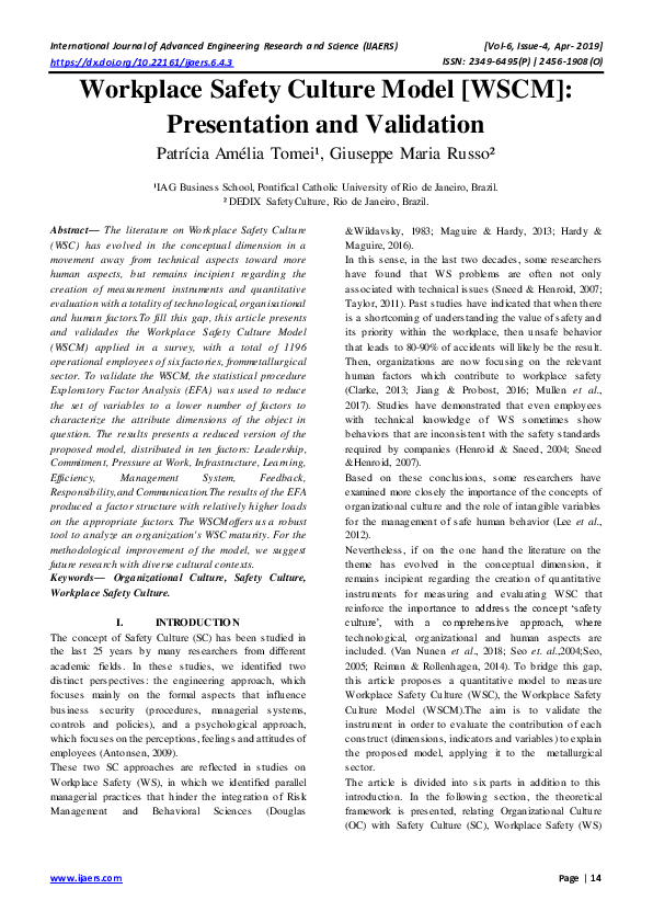 (PDF) Workplace Safety Culture Model [WSCM]: Presentation and Validation