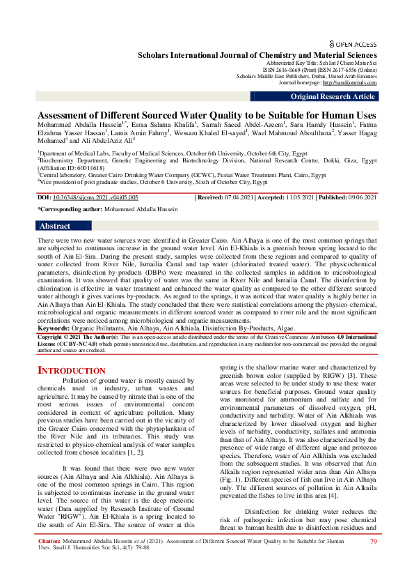 (PDF) Assessment of Different Sourced Water Quality to be Suitable for ...