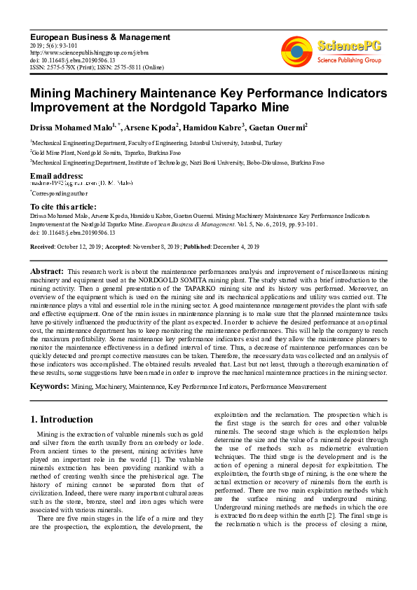 (PDF) Mining Machinery Maintenance Key Performance Indicators Improvement at the Nordgold ...