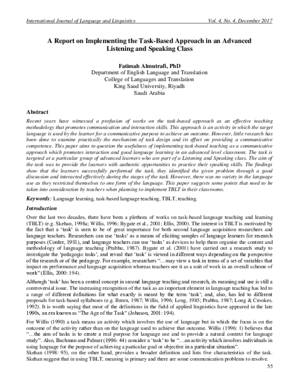 (PDF) A Report on Implementing the Task-Based Approach in an Advanced Listening and Speaking ...