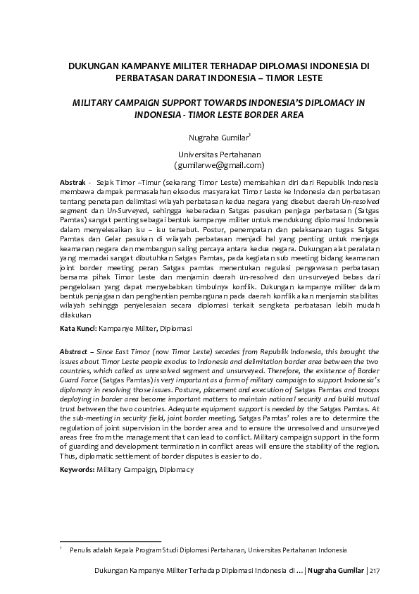 (PDF) Dukungan Kampanye Militer Terhadap Diplomasi Indonesia DI Perbatasan Darat Indonesia ...