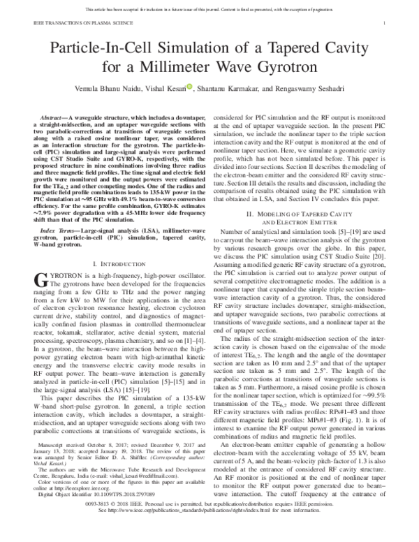 Particle-In-Cell Simulation of a Tapered Cavity for a Millimeter Wave Gyrotron