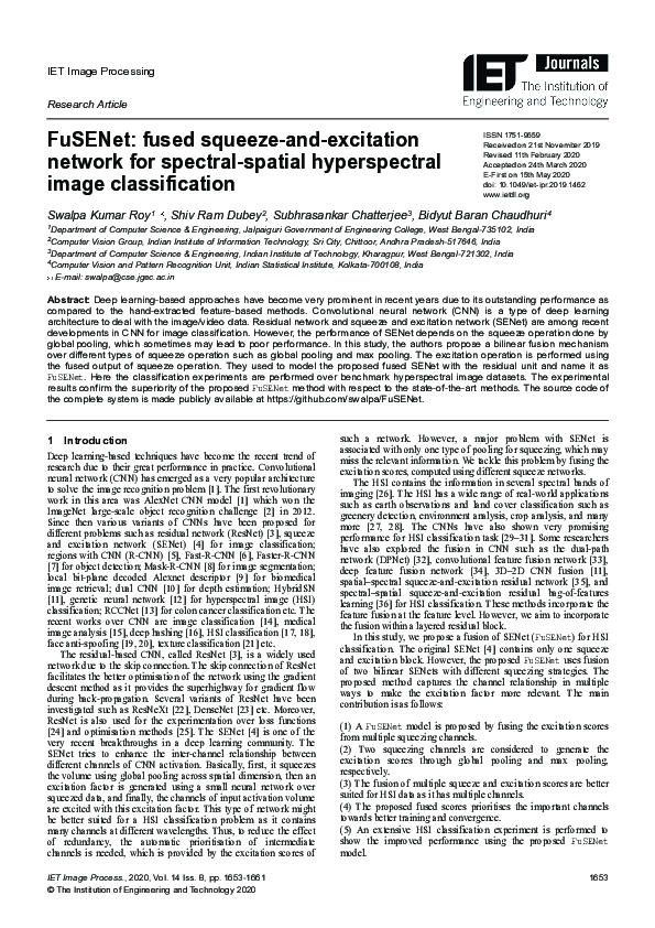 Pdf Fusenet Fused Squeeze‐and‐excitation Network For Spectral‐spatial Hyperspectral Image