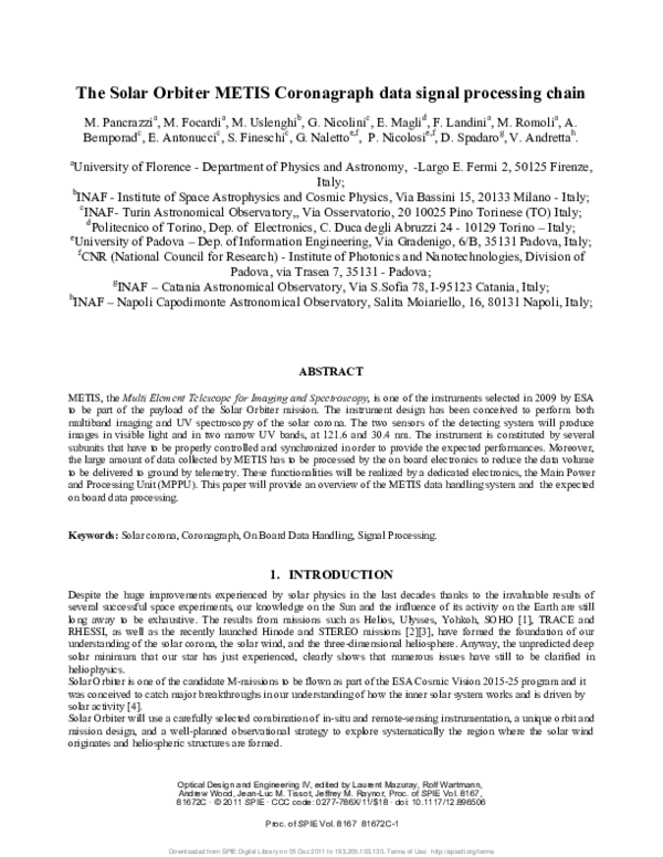 (PDF) The solar orbiter METIS coronagraph data signal processing chain ...