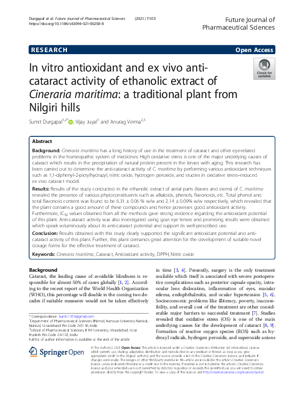 (PDF) In vitro antioxidant and ex vivo anti-cataract activity of ethanolic extract of Cineraria ...