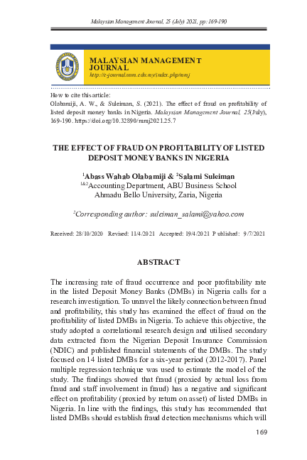 (PDF) The Effect of Fraud on Profitability of Listed Deposit Money ...