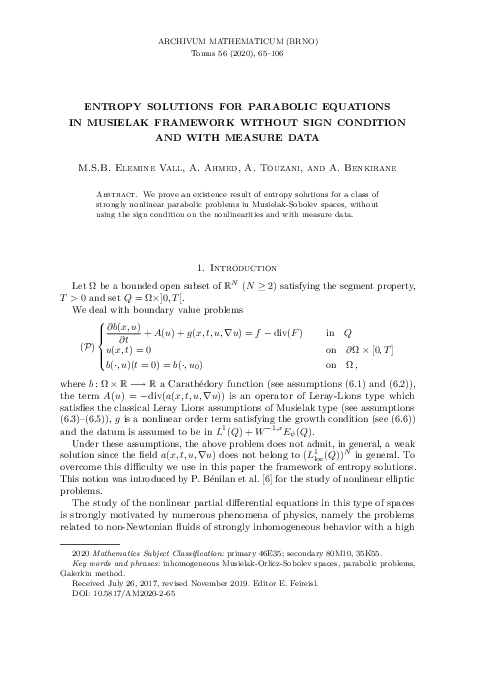 (PDF) Entropy solutions for parabolic equations in Musielak framework ...