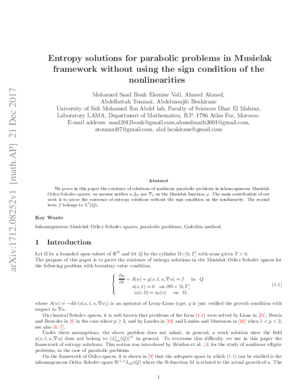 Pdf Entropy Solutions For Parabolic Problems In Musielak Framework Without Using The Sign