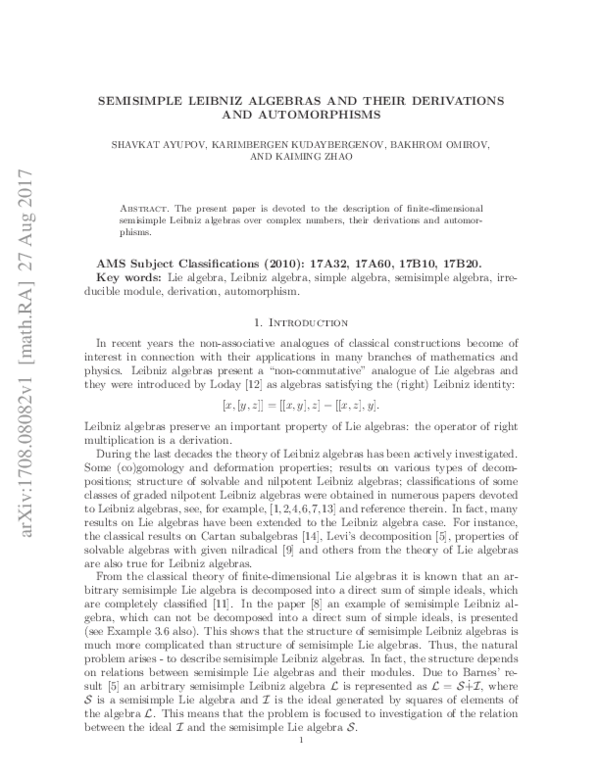 (PDF) Semisimple Leibniz algebras and their derivations and automorphisms