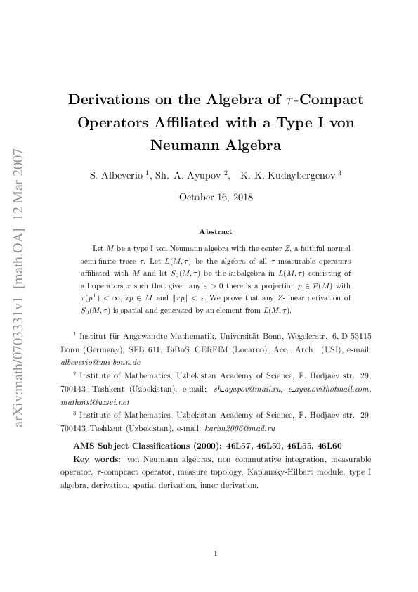 (PDF) Derivations on the Algebra of τ-Compact Operators Affiliated with ...