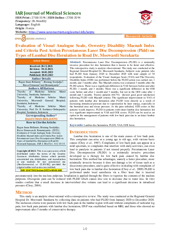 (PDF) Evaluation of Visual Analogue Scale, Oswestry Disability Macnab Index and Criteria Post ...