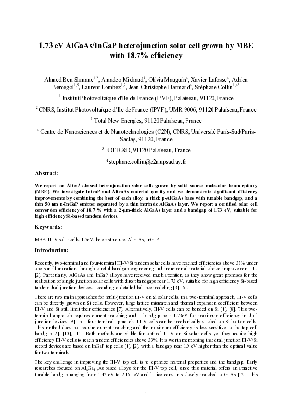 (PDF) 1.73 eV AlGaAs/InGaP heterojunction solar cell grown by MBE with ...