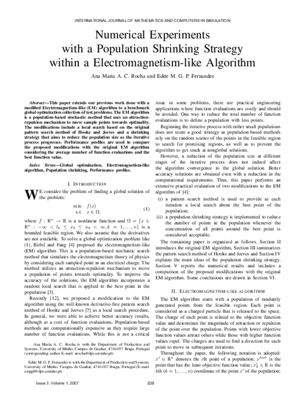 Pdf Numerical Experiments With A Population Shrinking Strategy Within An Electromagnetism Like 