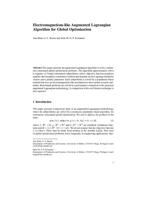 Pdf Electromagnetism Like Augmented Lagrangian Algorithm For Global Optimization Ana Maria A