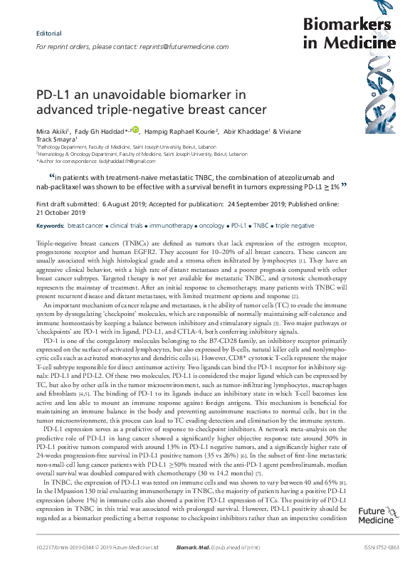 Pdf Pd L1 An Unavoidable Biomarker In Advanced Triple Negative