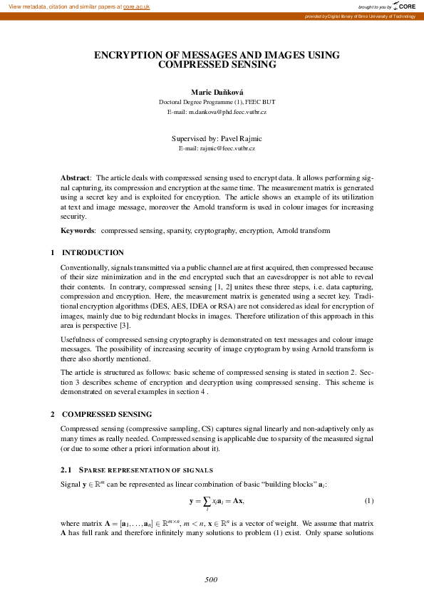 (PDF) Encryption of Messages and Images Using Compressed Sensing