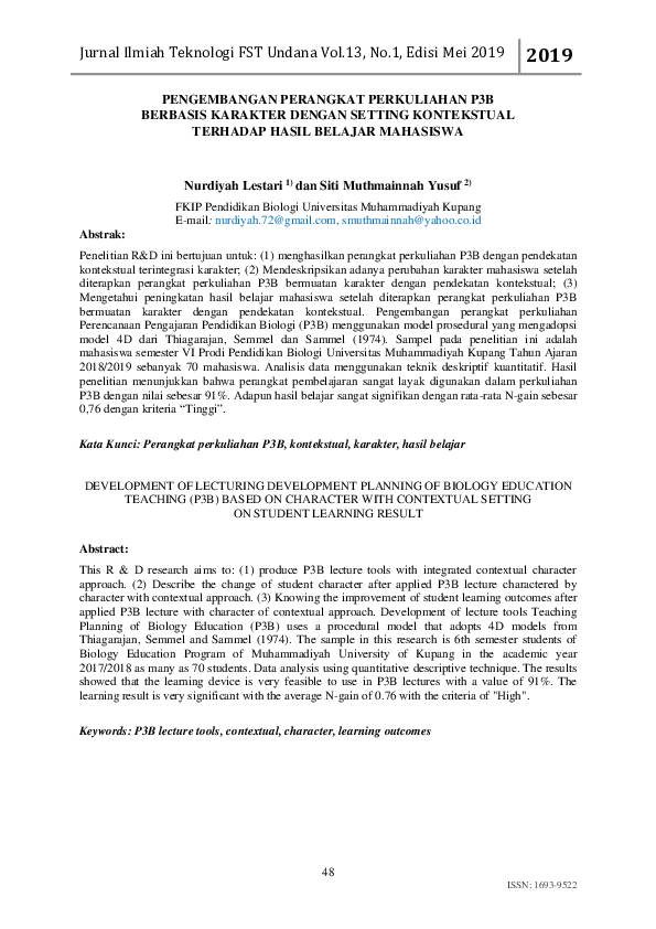 (PDF) Pengembangan Perangkat Perkuliahan P3B Berbasis Karakter Dengan Setting Kontekstual ...