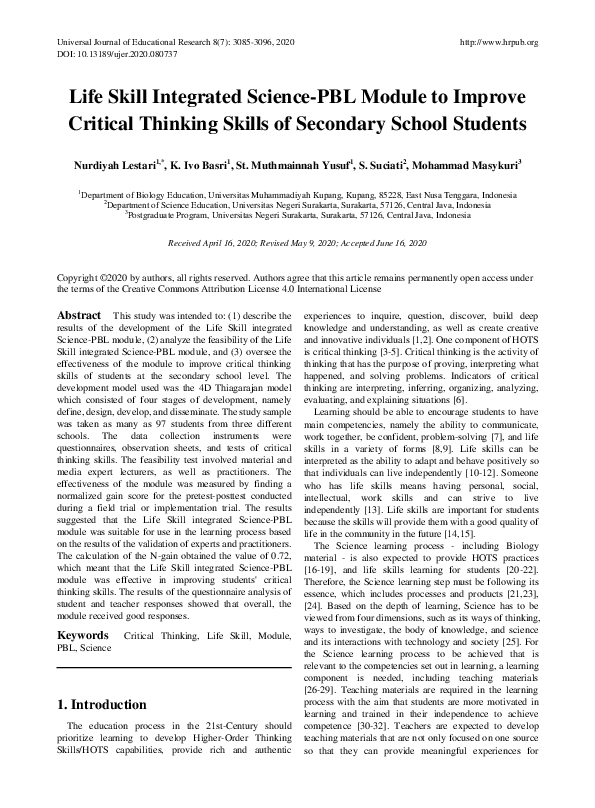 (PDF) Life Skill Integrated Science-PBL Module to Improve Critical ...