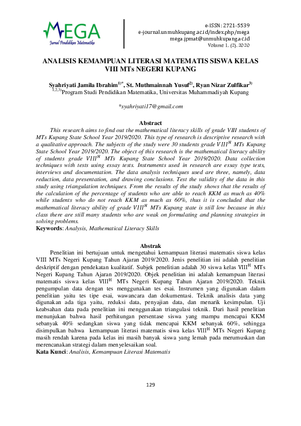 (PDF) ANALISIS KEMAMPUAN LITERASI MATEMATIS SISWA KELAS VIII MTs NEGERI KUPANG