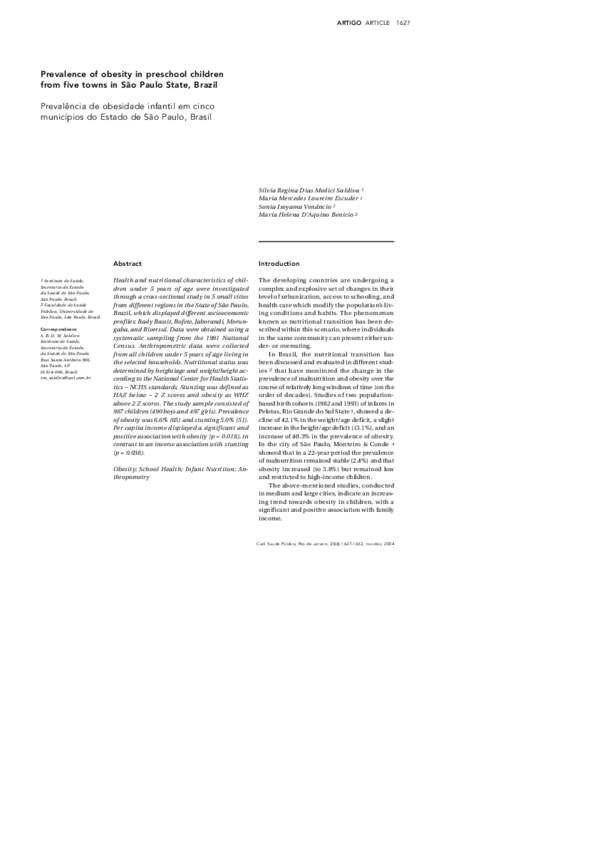 (PDF) Prevalence of obesity in preschool children from five towns in ...