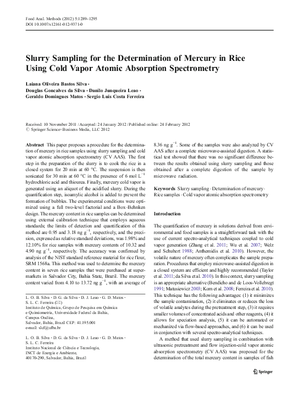 (PDF) Slurry Sampling for the Determination of Mercury in Rice Using ...