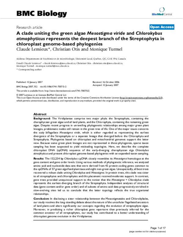 (PDF) A clade uniting the green algae Mesostigma viride and Chlorokybus ...