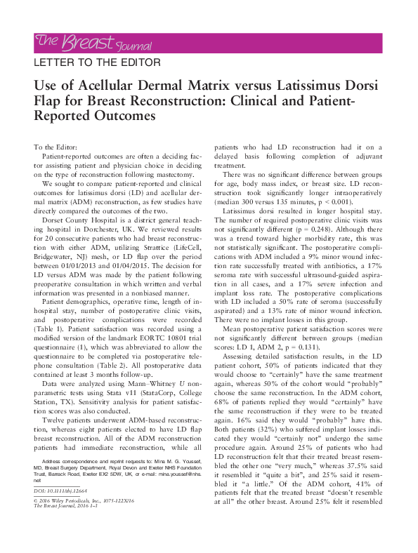 (PDF) Use of Acellular Dermal Matrix versus Latissimus Dorsi Flap for ...