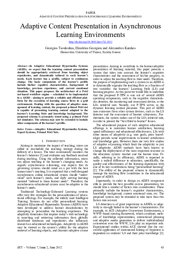 Pdf Adaptive Content Presentation In Asynchronous Learning Environments