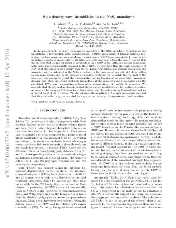 (PDF) Spin density wave instabilities in theNbS2monolayer